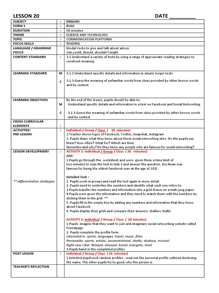 Lesson Plan FORM 1 With DROPDOWN (New) | PDF | Social Networking ...