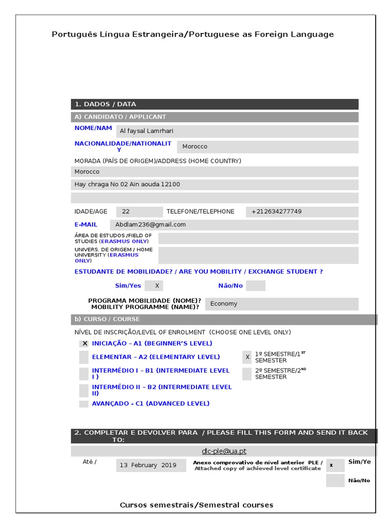 Application Form PLE 2nd Semester 18-19 | PDF | Academia | Cognition
