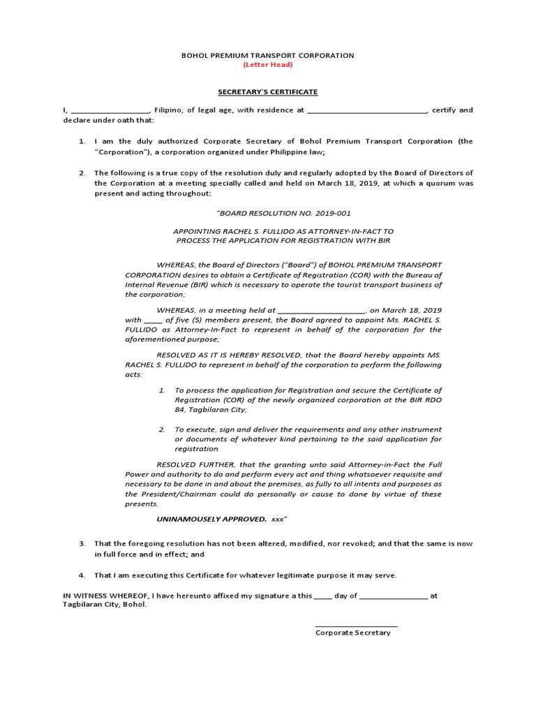 Secretary's Certificate Appointing Rachel S. Fullido as Attorney-in ...