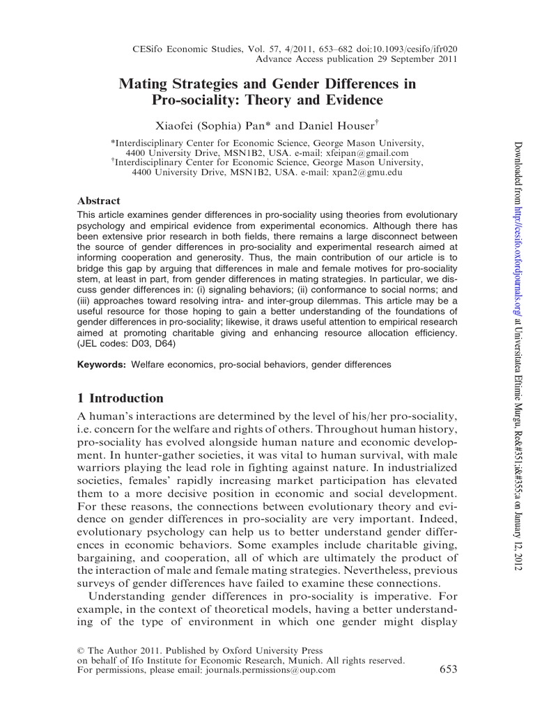 Mating Strategies And Gender Differences In Pro Sociality Theory And