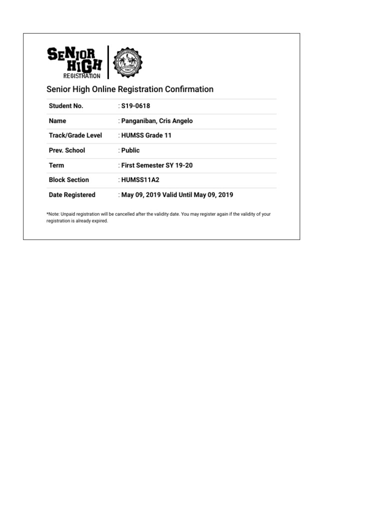 Senior High Online Registration Confirmation | PDF