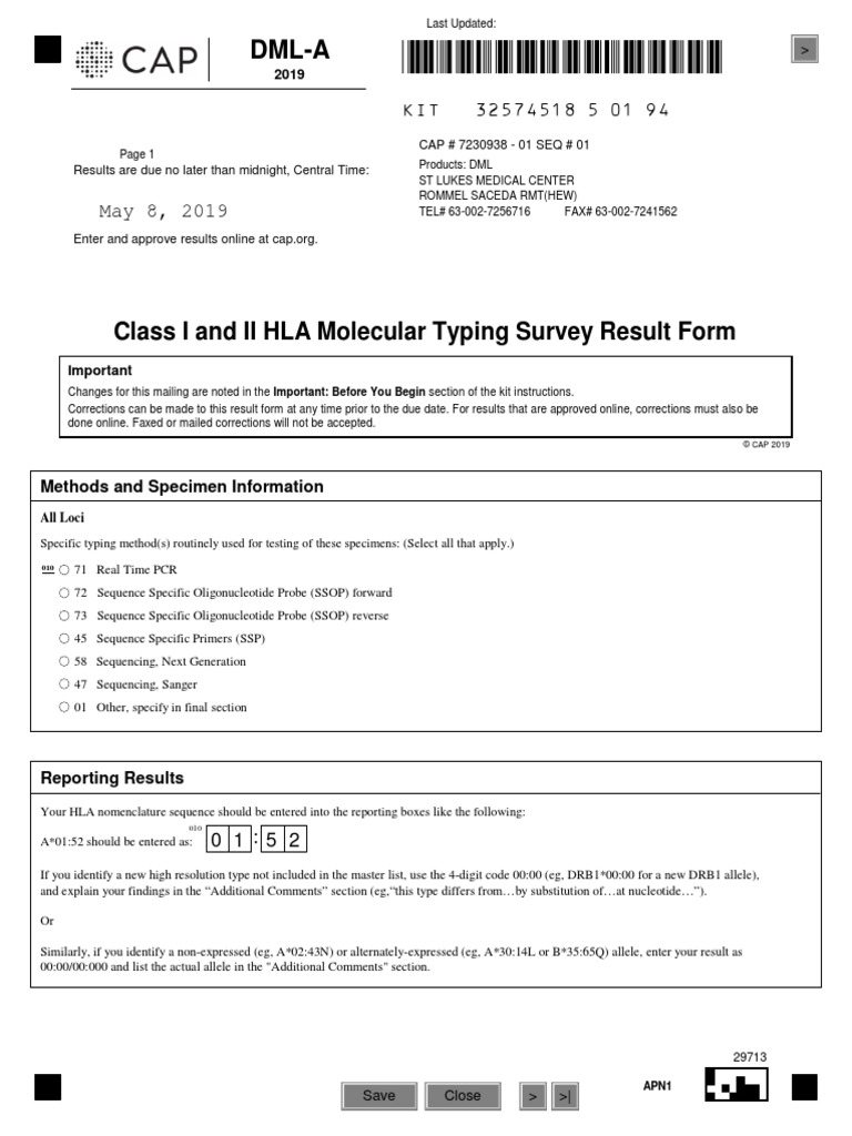 Dml-A: Class I and II HLA Molecular Typing Survey Result Form | PDF ...