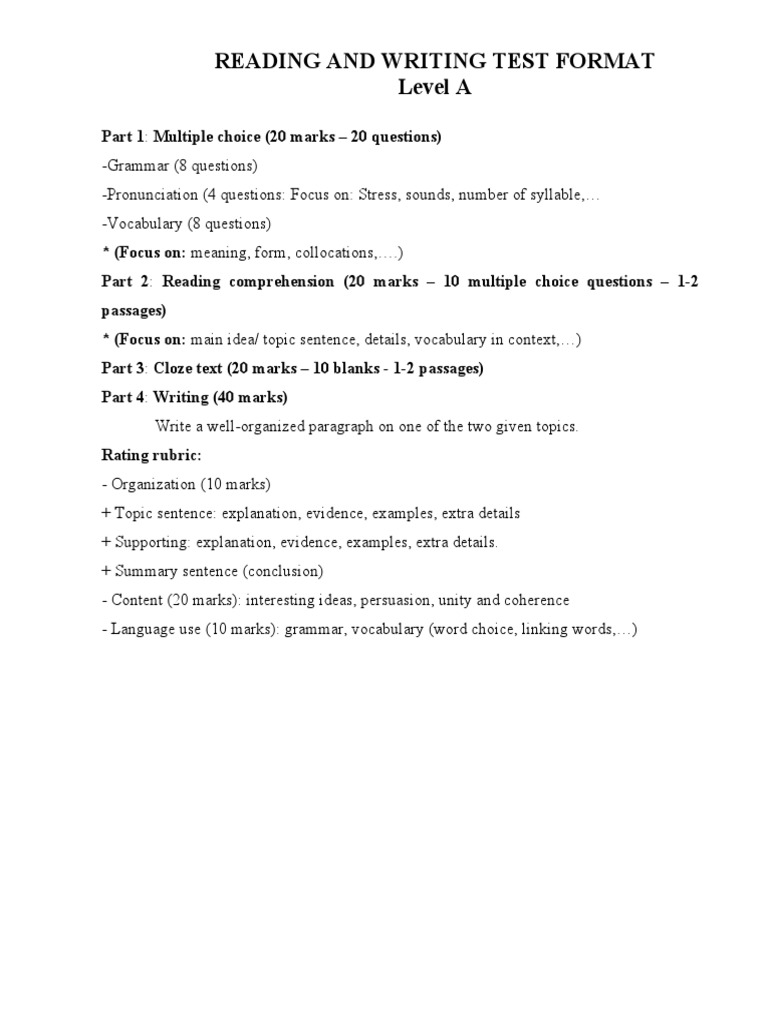 Level A Reading and Writing Test Format | PDF