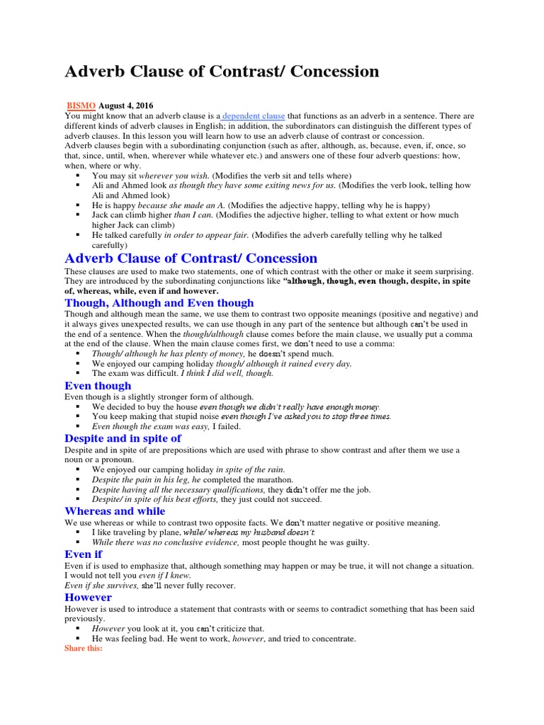 Concessive Clauses: Understanding the Uses and Structures of "Although ...