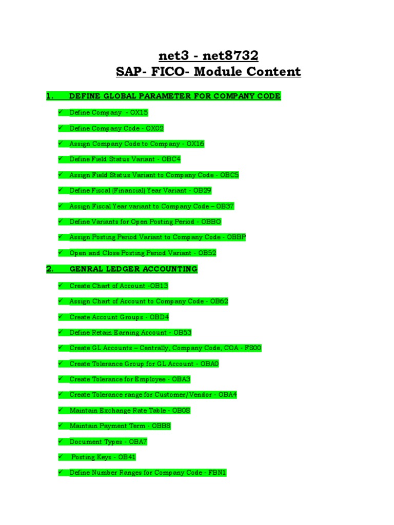 Net3 - Net8732 SAP-FICO - Module Content: 1. Define Global Parameter ...