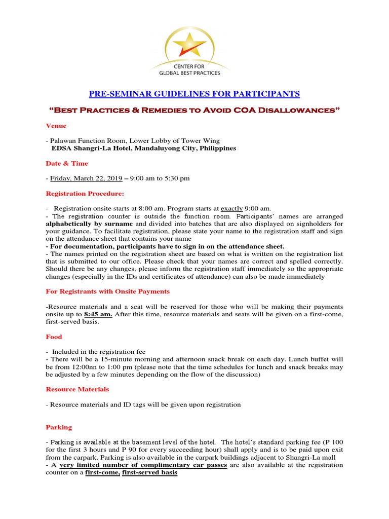 Pre-Seminar Guidelines For Participants: "Best Practices & Remedies To ...