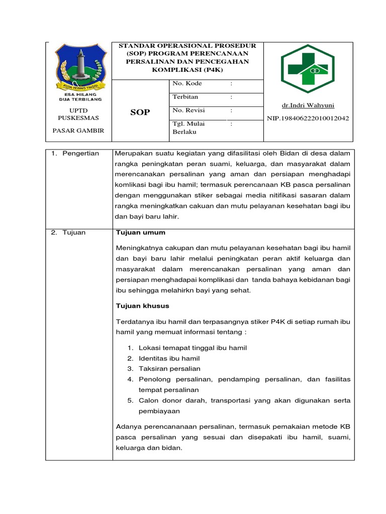 SOP P4K Puskesmas Pasar Gambir | PDF