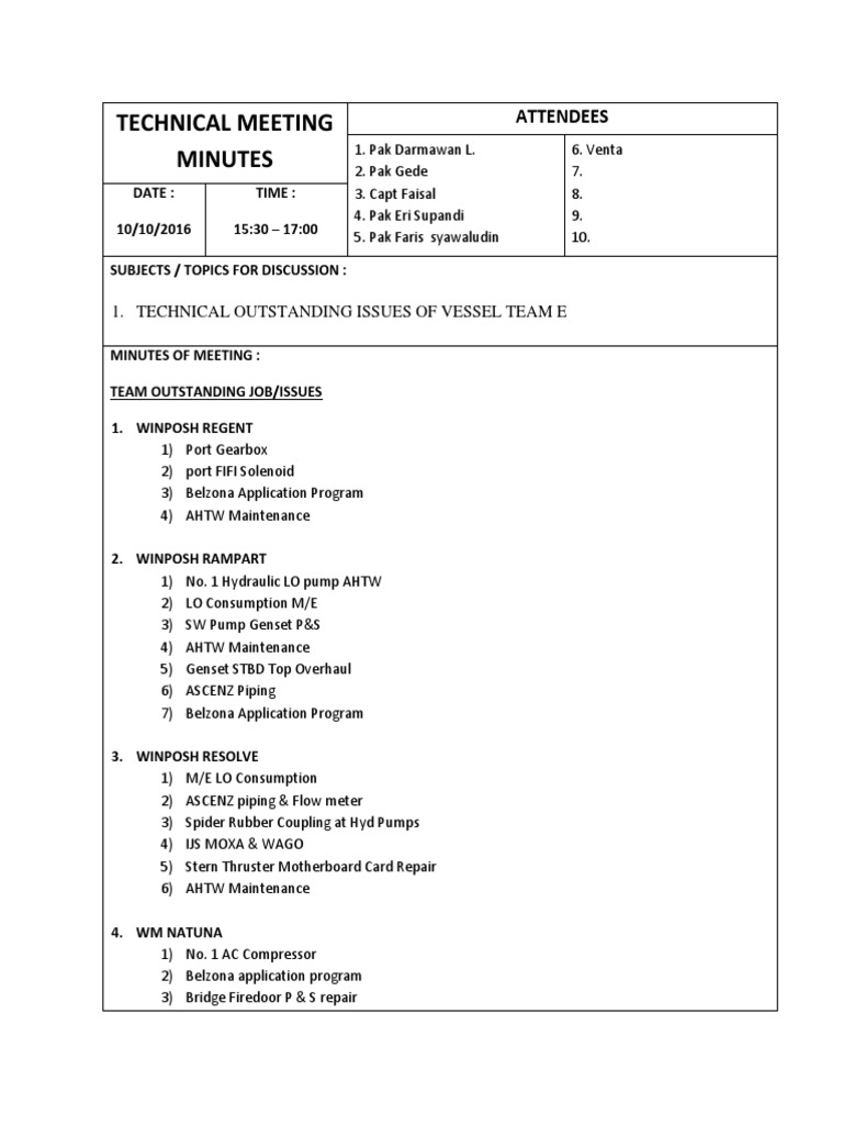 Technical Meeting Minutes TM & Team | PDF | Gases | Manufactured Goods