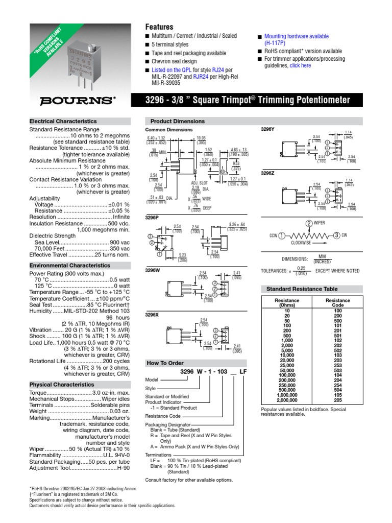 3296 - 3/8 " Square Trimpot Trimming Potentiometer: Features | PDF ...