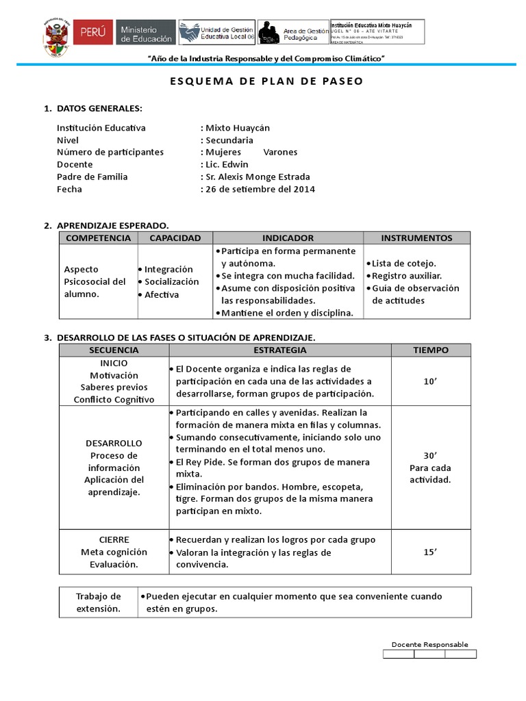 Plan de Salida Paseo | PDF | Maestros | Aprendizaje