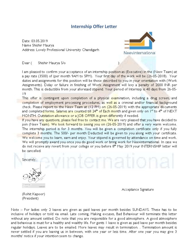 Internship Offer Letter | PDF | Government | Business