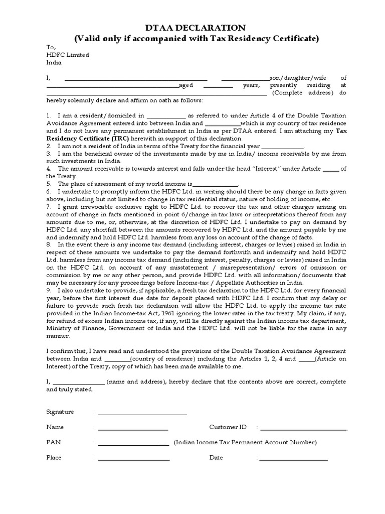 DTAA Declaration NRI With Tax Residency Certificate | PDF | Double ...