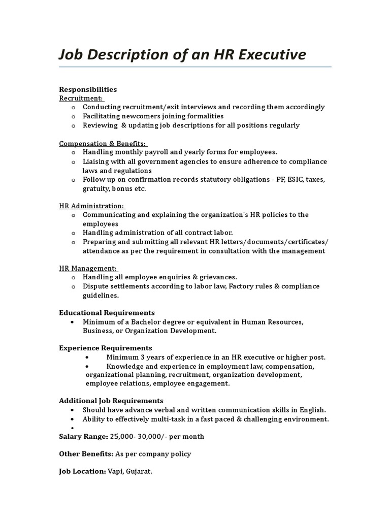 Job Description of An HR Executive: Responsibilities | PDF