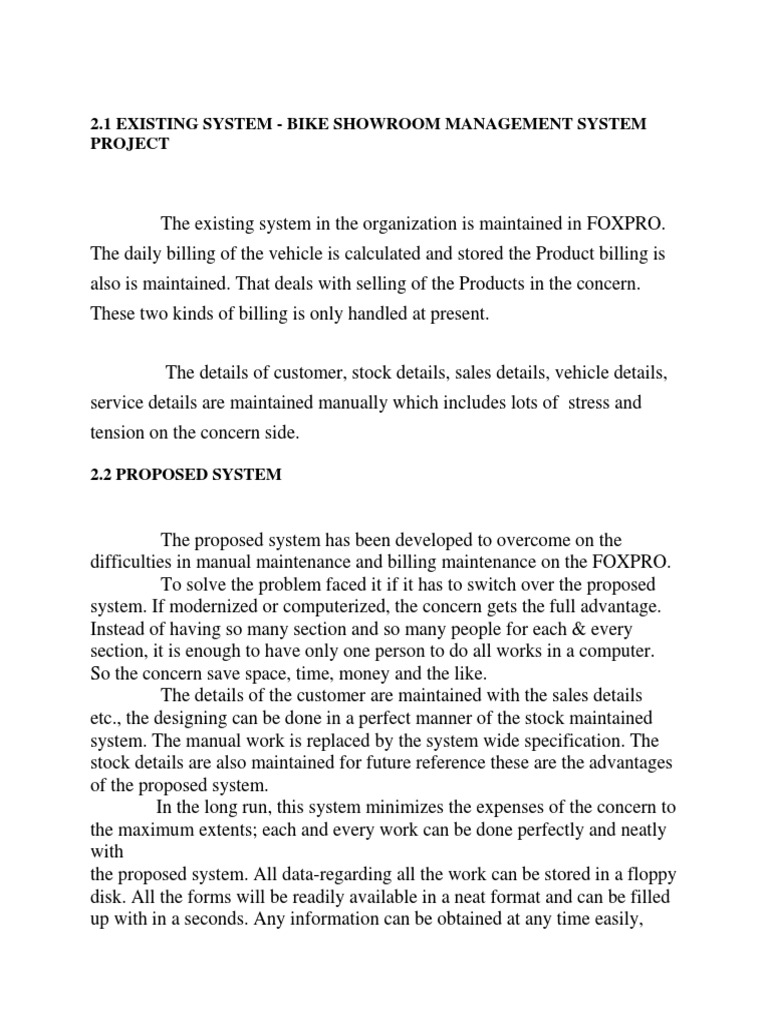 2.1 Existing System - Bike Showroom Management System Project | PDF ...
