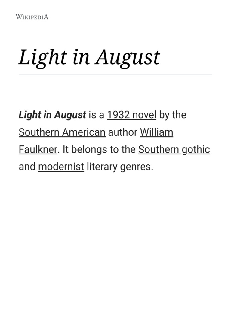 Light in August - Wikipedia | PDF | Mystery, Thriller & Crime Fiction