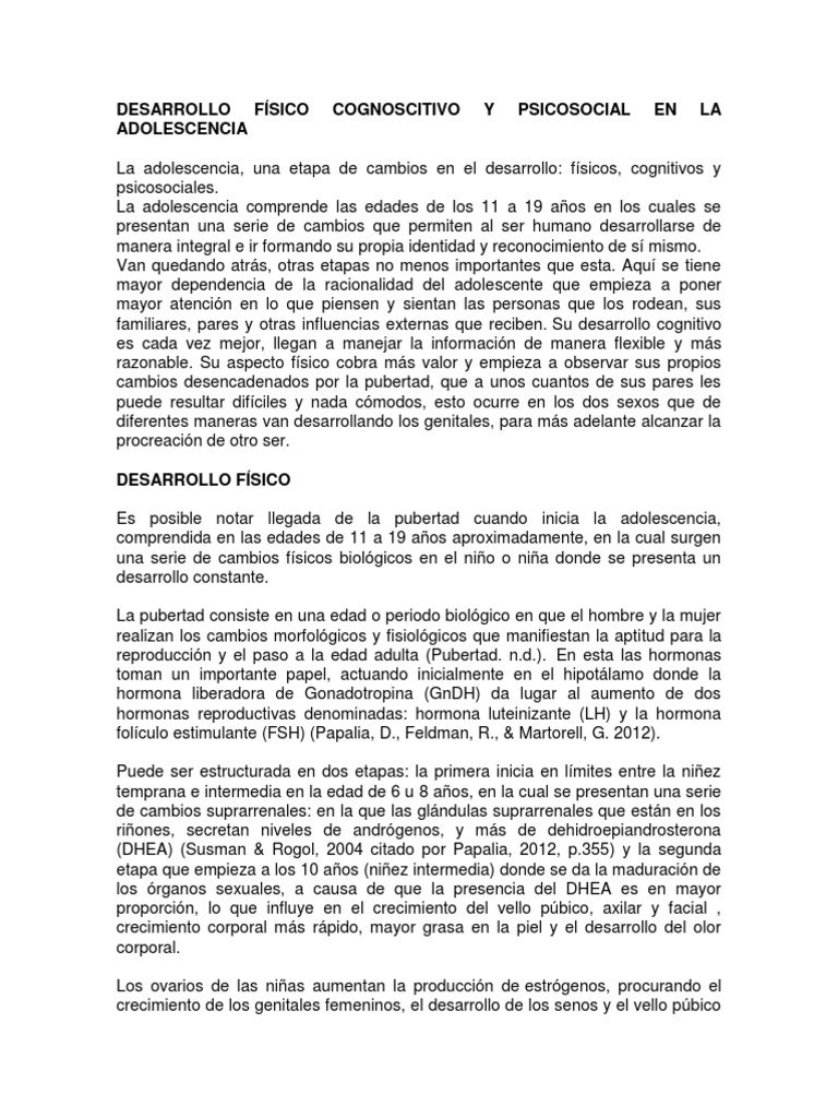Desarrollo Físico Cognoscitivo y Psicosocial en La Adolescencia | PDF | Andrógino | Adultos