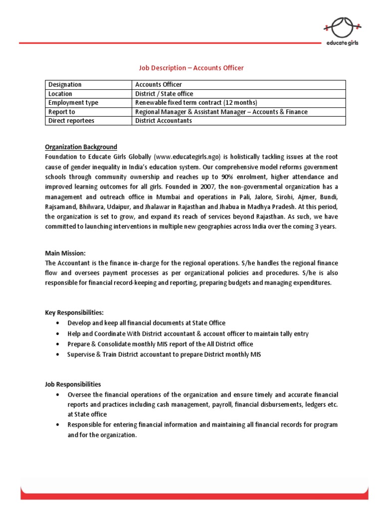 Job Description - Accounts Officer | PDF | Budget | Accounting