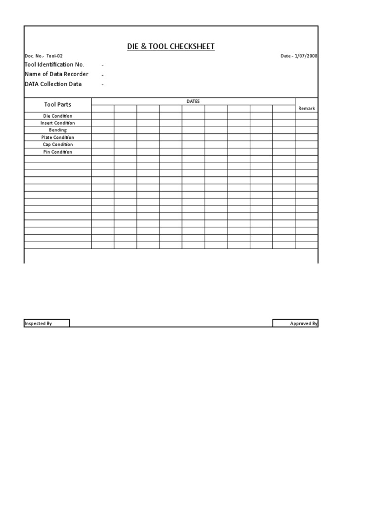 Die & Tool Checksheet: Tool Identification No. Name of Data Recorder ...