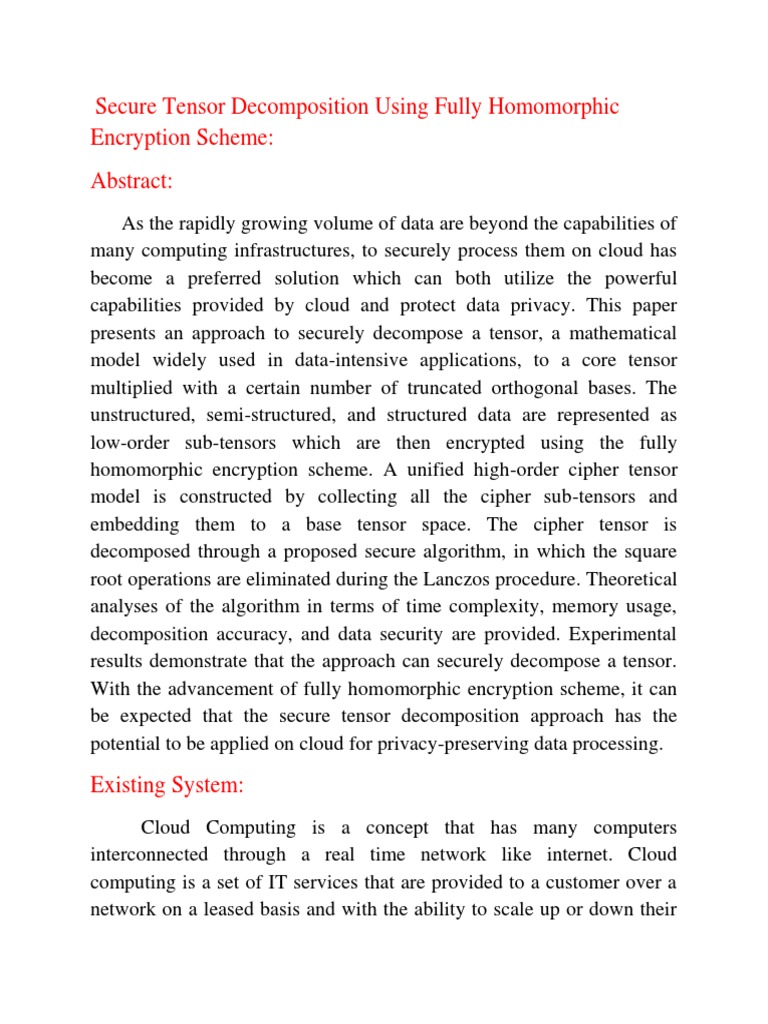 Secure Tensor Decomposition Using Fully Homomorphic Encryption Scheme | PDF | Tensor | Cloud ...