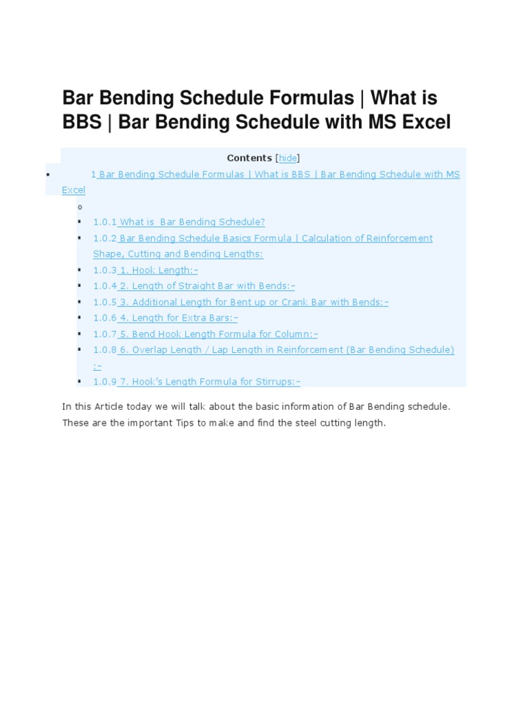 Bar Bending Schedule Formulas | Download Free PDF | Bending | Building ...