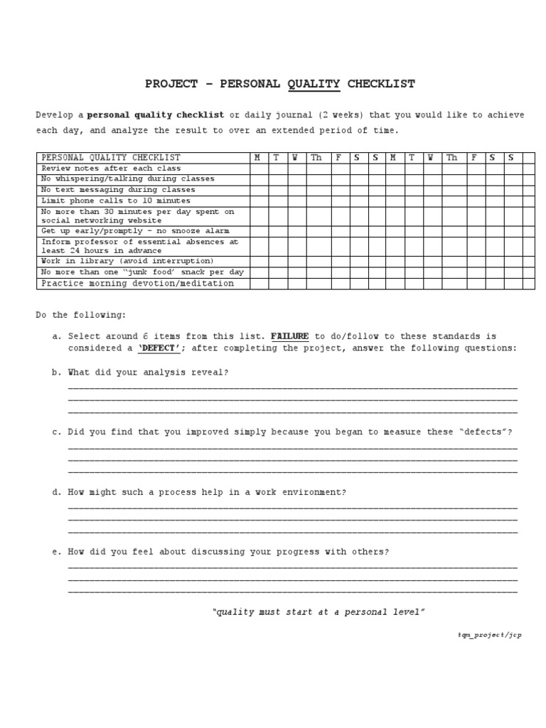 Personal Quality Checklist Template | PDF | Communication | Business