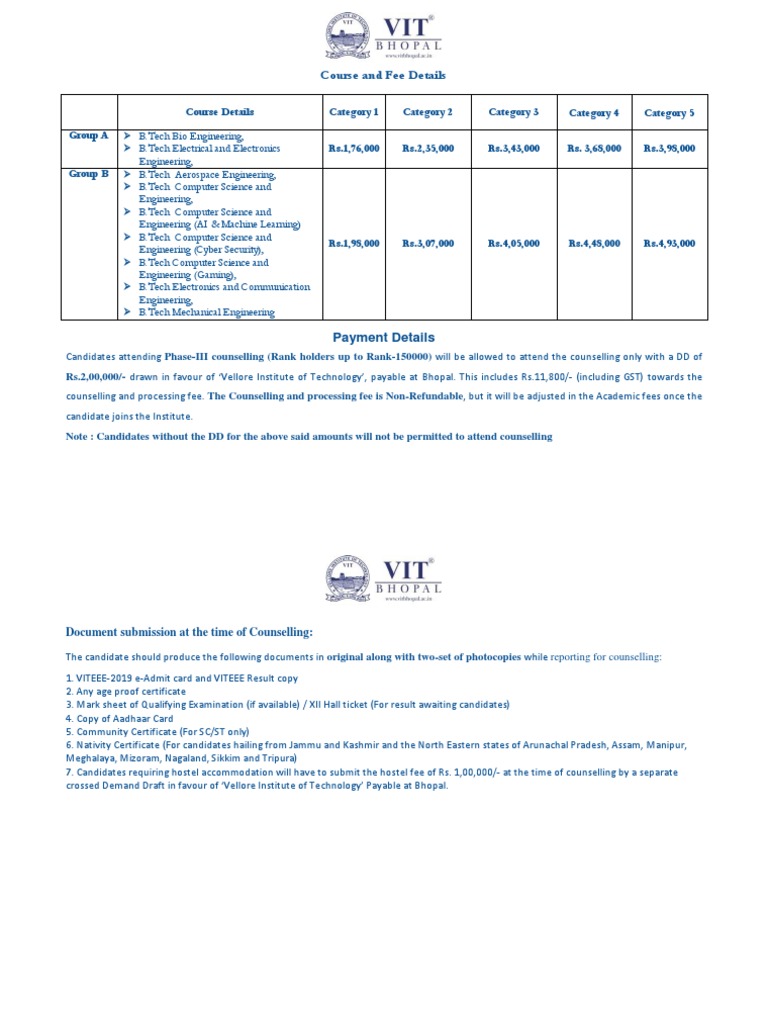 VIT Bhopal Course and Fee Details 2019 20 | PDF | Engineering ...
