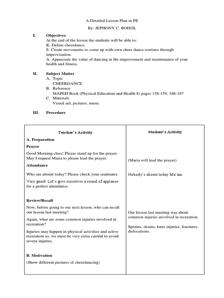 A Detailed Lesson Plan in PE | PDF | Cheerleading | Dances