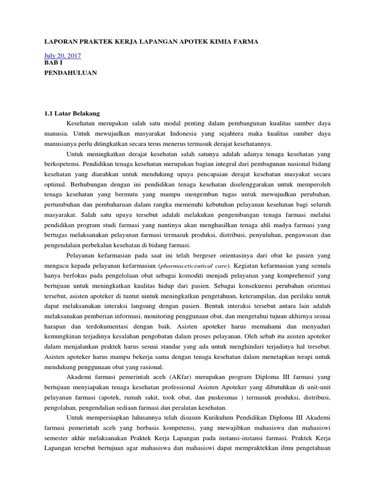 Laporan Praktek Kerja Lapangan Apotek Kimia Farma Pdf