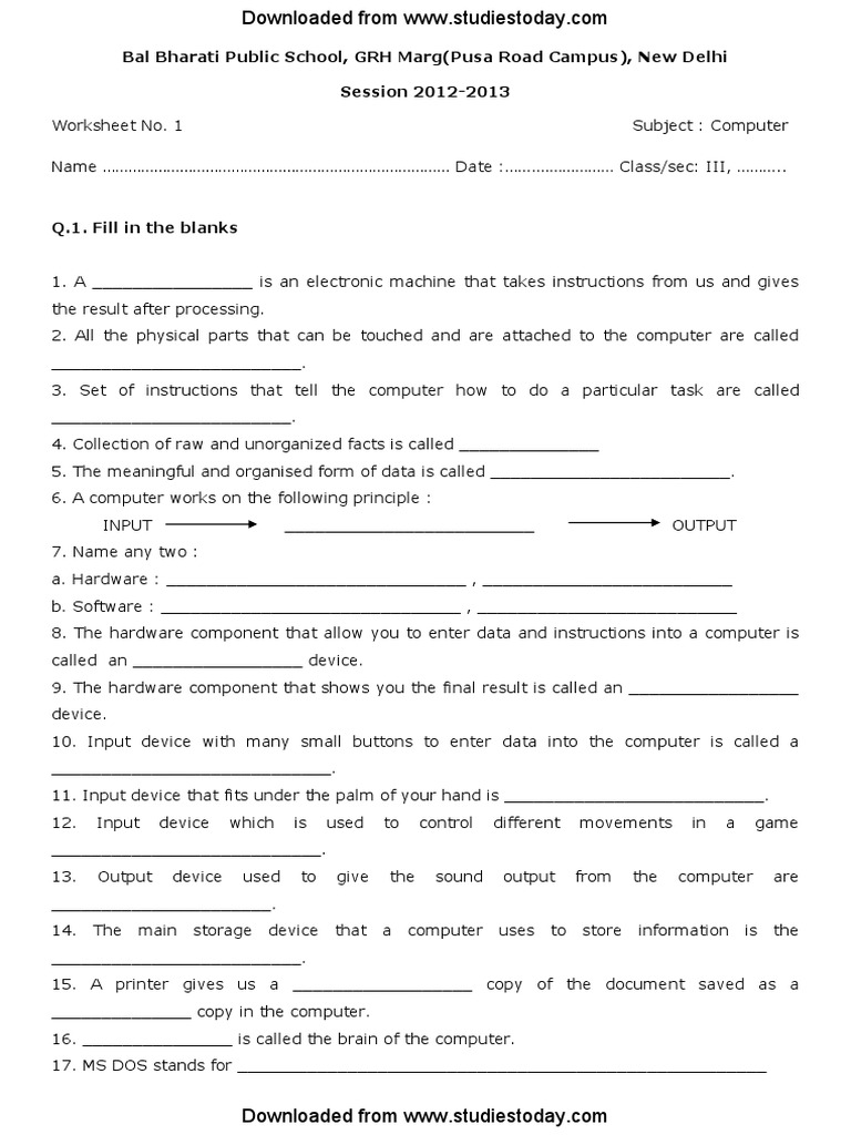 CBSE Class 3 Computer Practice Worksheet 3 | PDF | Input/Output | Computer Keyboard