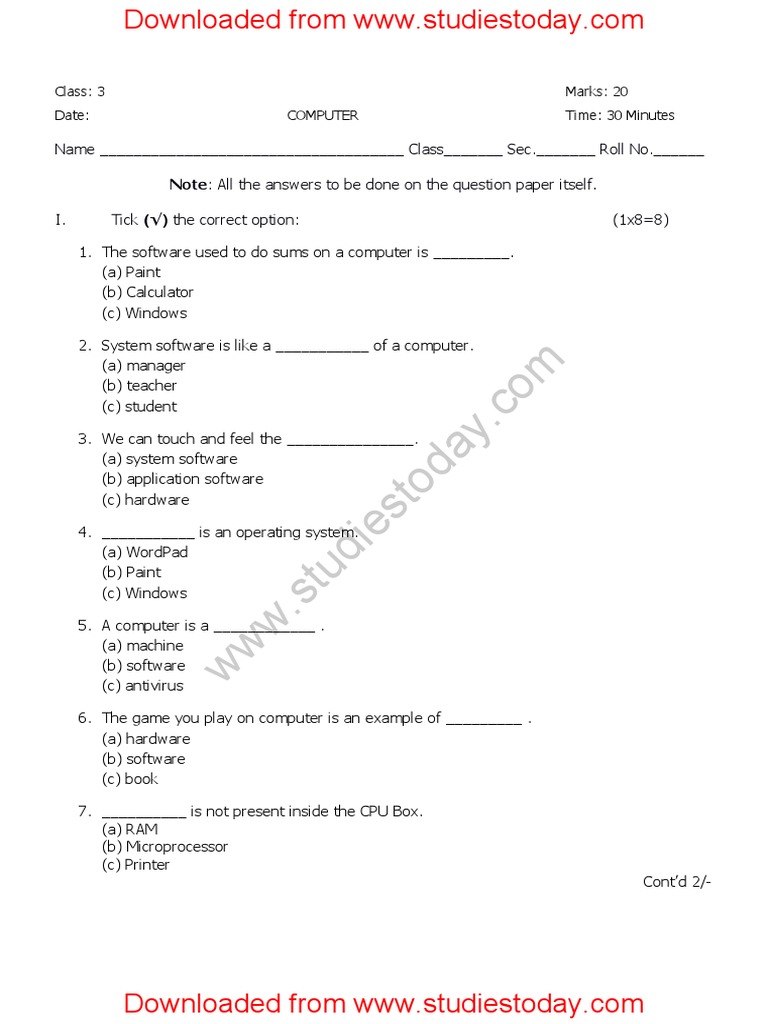 CBSE Class 3 Computers Question Paper Set A - 0 | PDF | Software ...