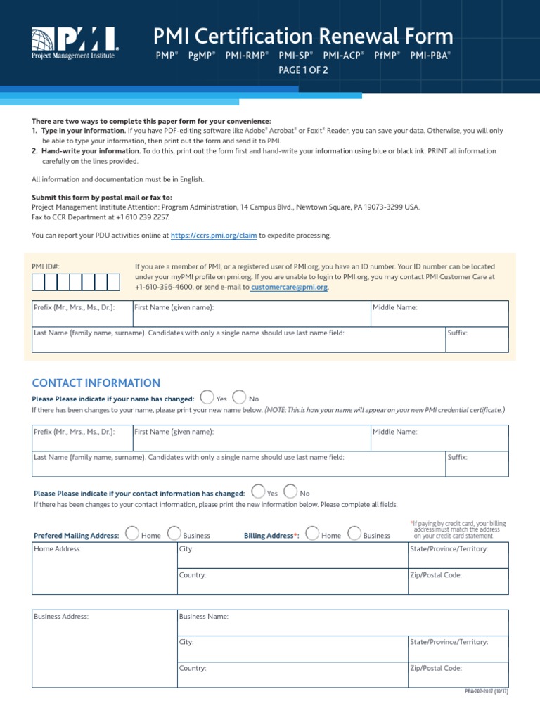 PMI Certification Renewal Form | PDF | Service Industries | Payments