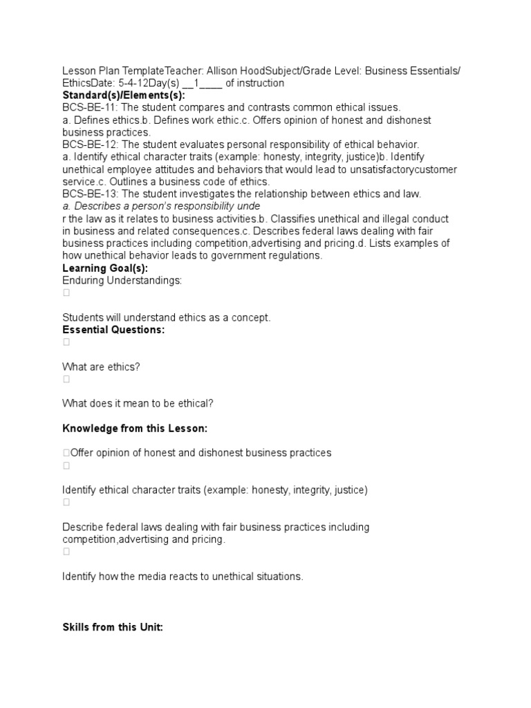 Business Ethics Lesson Plan Template | PDF | Business Ethics | Integrity
