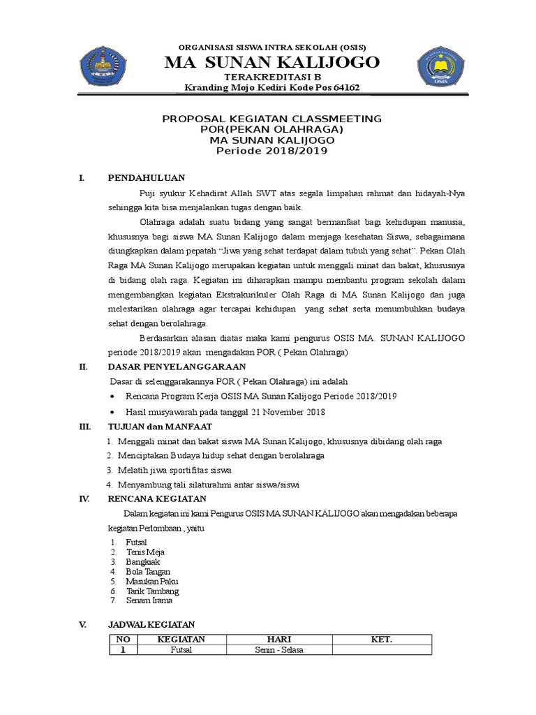 Proposal Pekan Olahraga MA Sunan Kalijogo | PDF