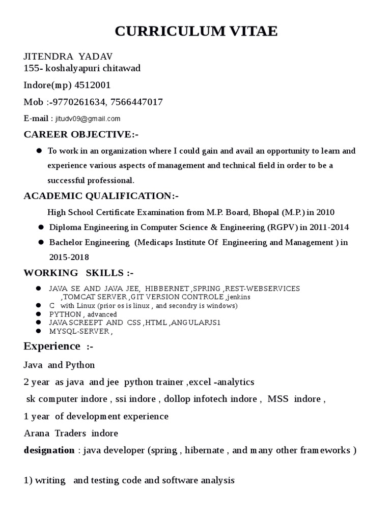 Curriculum Vitae: Career Objective | PDF