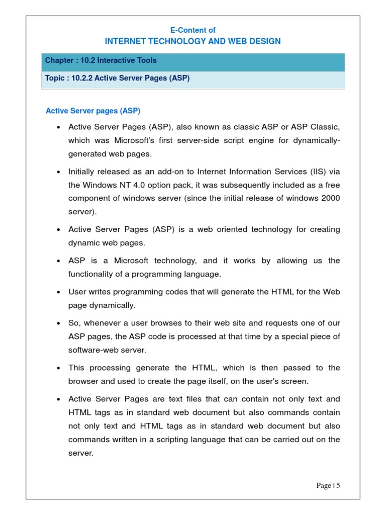 Internet Technology and Web Design: Chapter: 10.2 Interactive Tools Topic: 10.2.2 Active Server ...