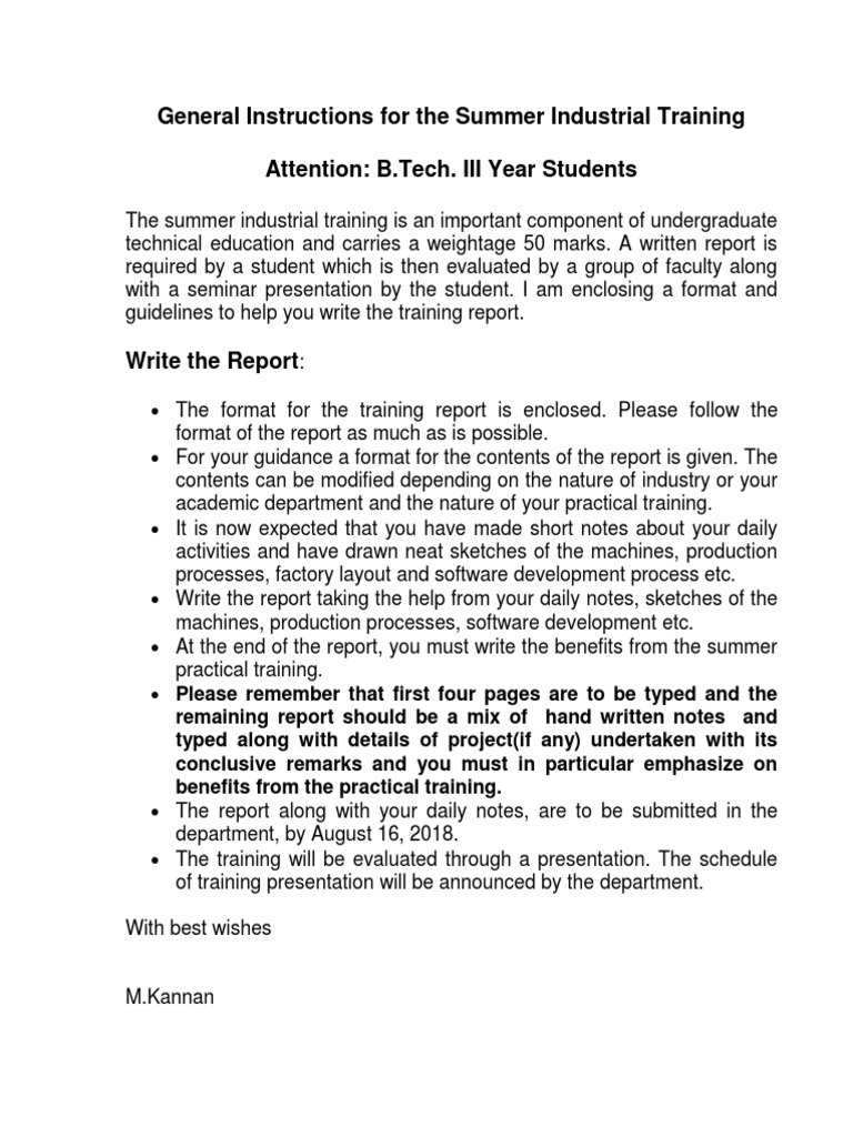 General Instructions For The Summer Industrial Training Attention: B ...