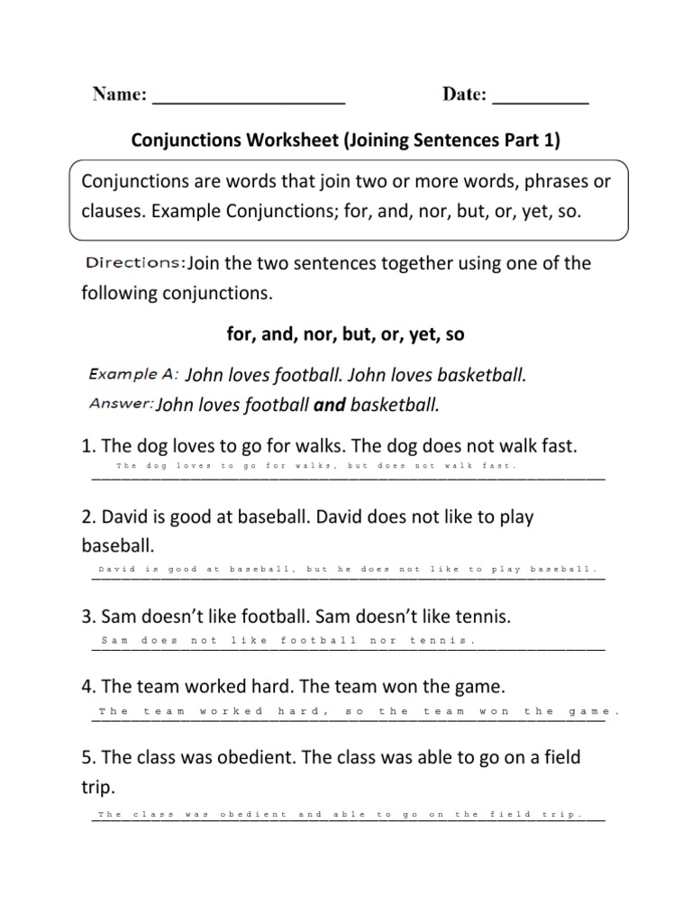 Joining Words Worksheet for Class 1 | PDF