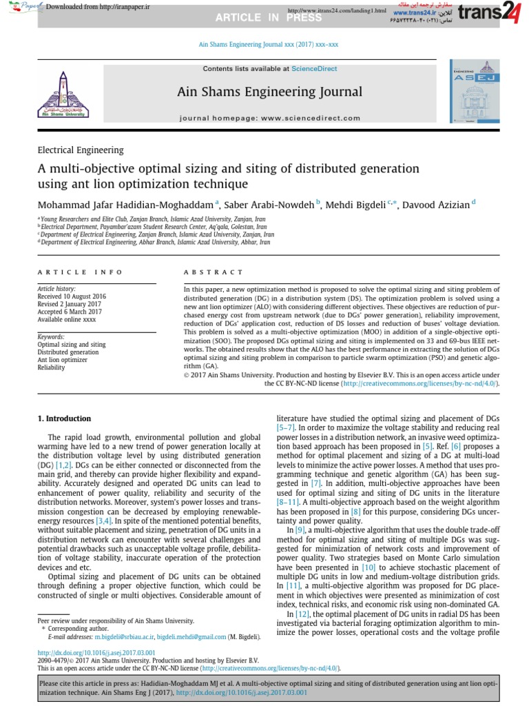 5 2018 A Multi Objective Optimal Sizing And Siting Of Distributed Generation Pdf Distributed