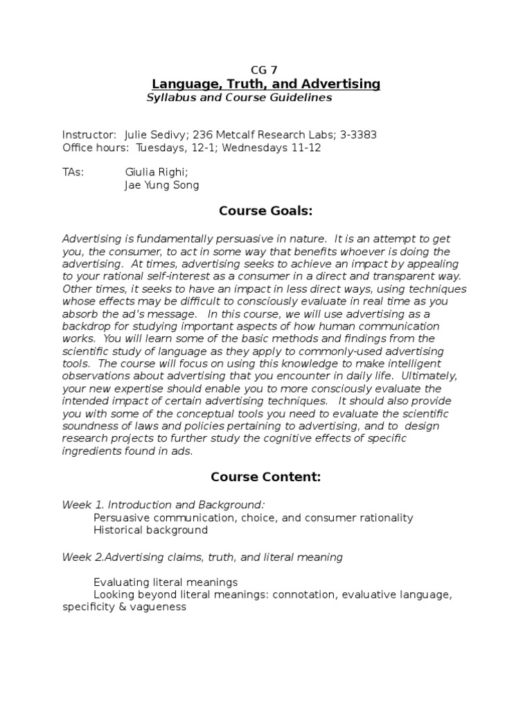 Language, Truth, and Advertising: Evaluating the Intended Impact and ...