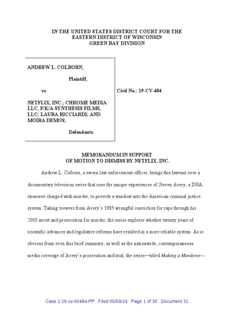 Netflix Motion to Dismiss in Colborn Defamation Case | PDF | Federal ...