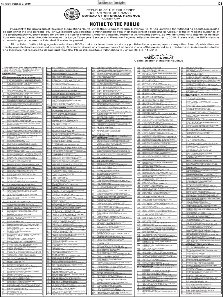 Top Withholding Agents 10-8-2018 PDF | PDF | Corporations | Business