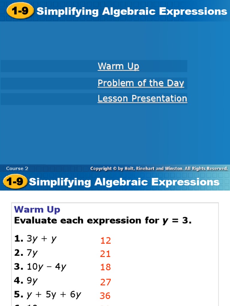 Simplifying Algebraic Expressions From HOLT | PDF | Exponentiation ...