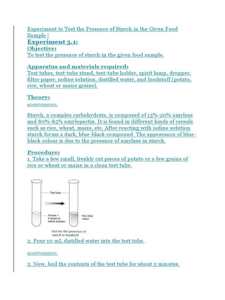 Experiment To Test The Presence of Starch in The Given Food Sample | PDF