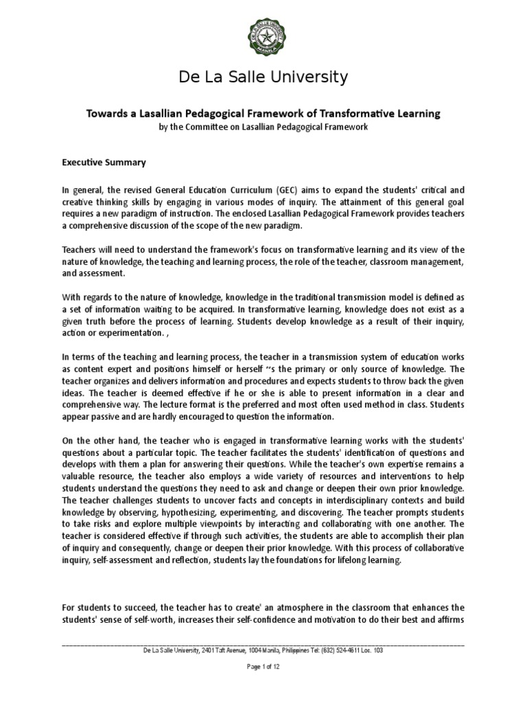 Lasallian Transformative Learning Framework | PDF | Educational ...