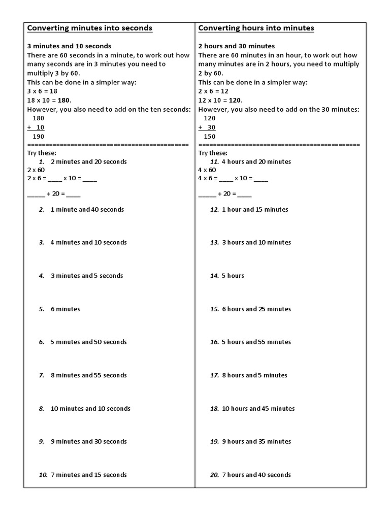 Converting Minutes Into Seconds Converting Hours Into Minutes | PDF ...