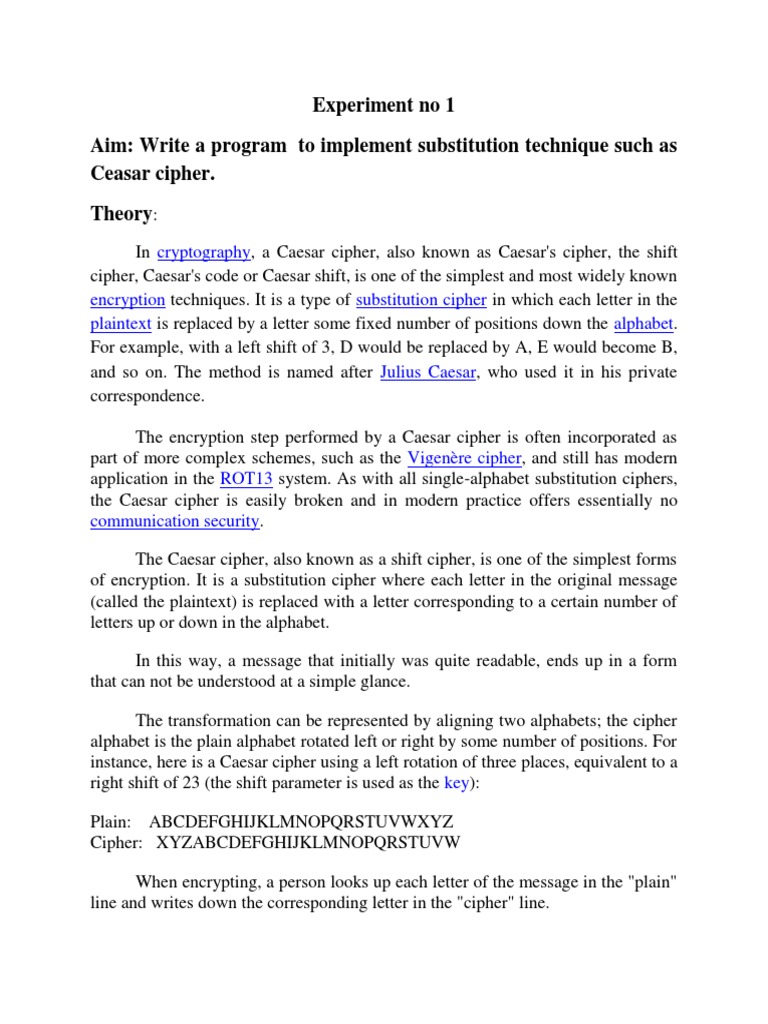 Experiment No 1 Aim: Write A Program To Implement Substitution Technique Such As Ceasar Cipher ...