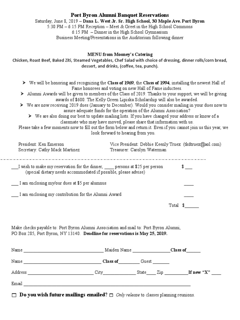Port Byron Alumni Banquet Reservations | PDF | Salad | Medicine