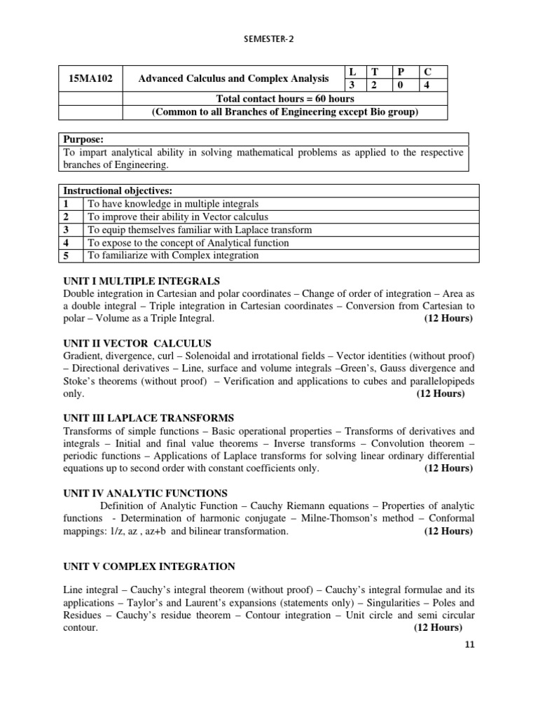 15MA102 Advanced Calculus and Complex Analysis PDF | PDF | Integral | Vector Calculus