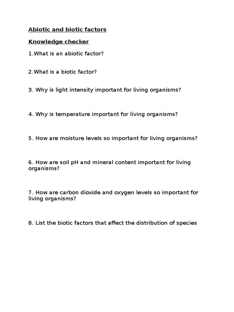 Abiotic and Biotic Factors Knowledge Checker | PDF