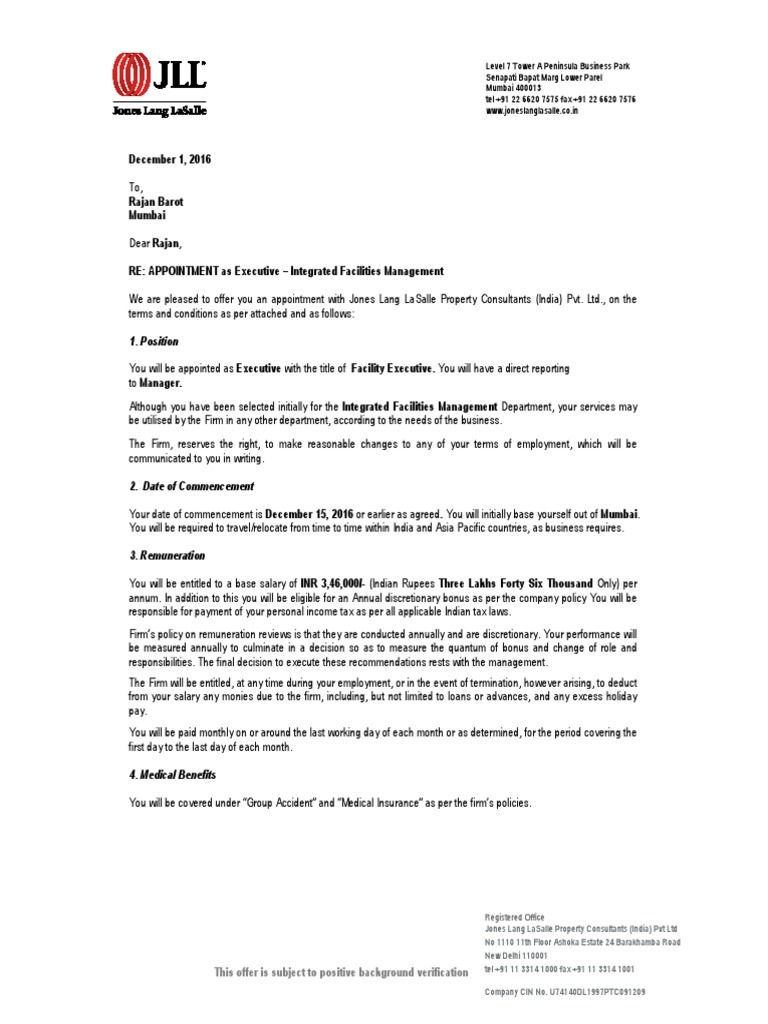 Offer Letter for Rajan Barot at JLL | PDF | Sexual Harassment | Employment